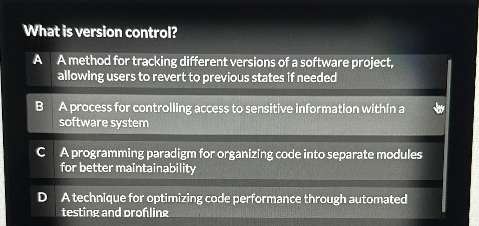 Solved What is version control?A A method for tracking | Chegg.com