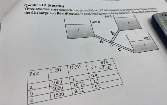 Solved Question III (6 marks) Three reservoirs are connected | Chegg.com