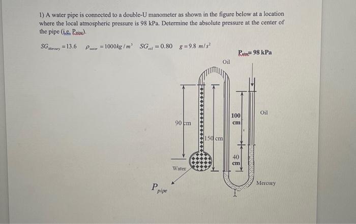 Solved 1) A water pipe is connected to a double-U manometer | Chegg.com