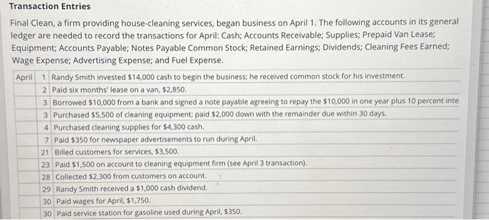 Solved Transaction Entries Final Clean, a firm providing | Chegg.com