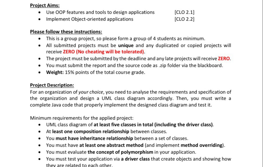 Solved Project Aims:Use OOP features and tools to design | Chegg.com