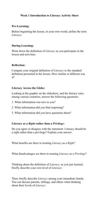 Week 1 Introduction to Literacy Activity Sheet | Chegg.com