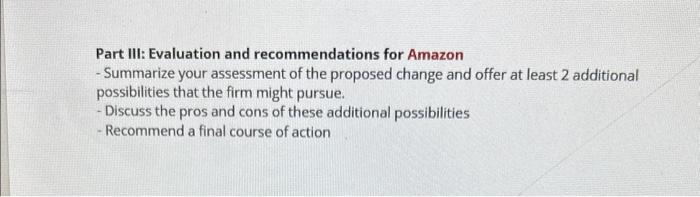 Solved Part III: Evaluation and recommendations for Amazon - | Chegg.com