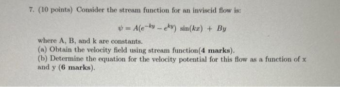 Solved 7. (10 points) Consider the stream function for an | Chegg.com