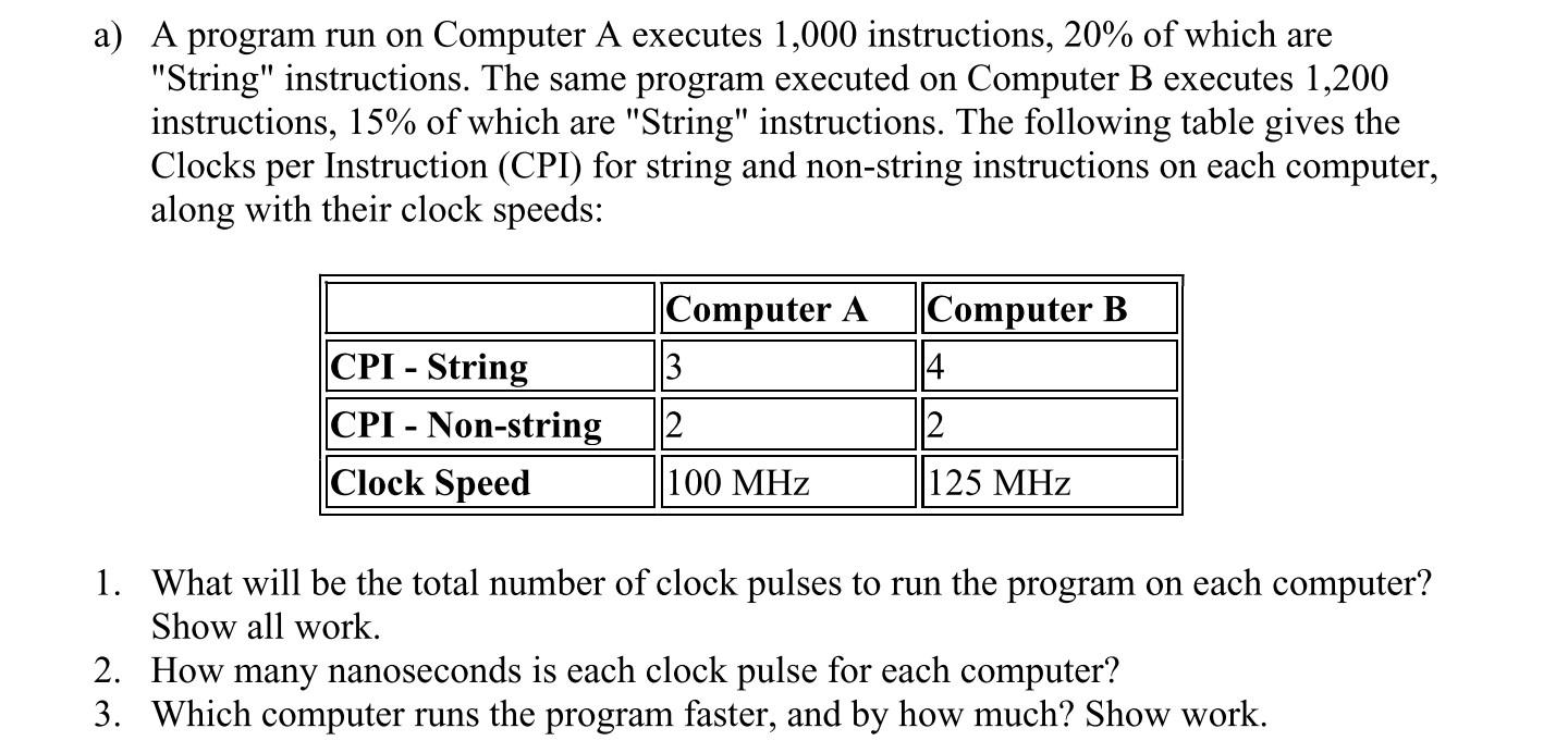 Solved a) A program run on Computer A executes 1,000 | Chegg.com