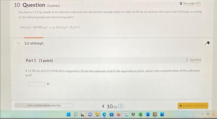 Solved Question (2points) You have a 1.153 g sample of an | Chegg.com