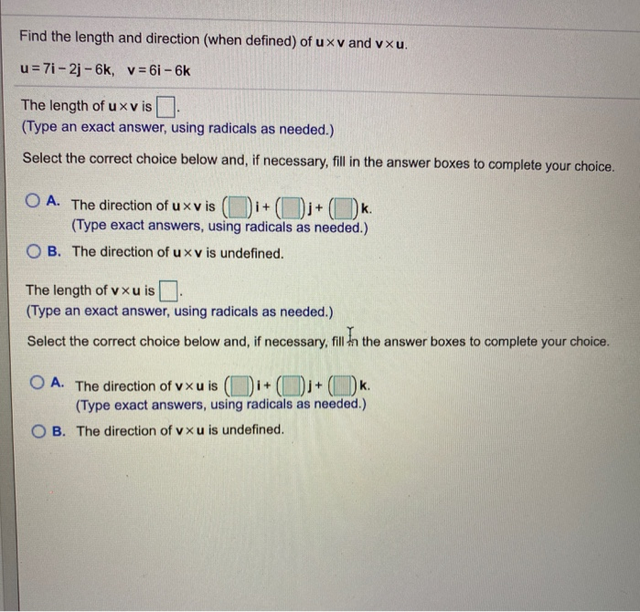 Solved Find the length and direction (when defined) of u xv | Chegg.com