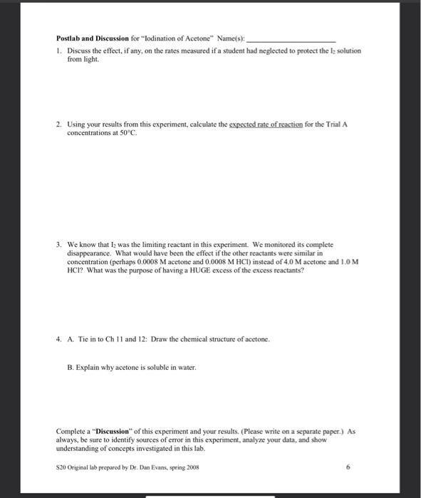 Solved The lodination of Acetone, a Chemical Kinetics Lab | Chegg.com