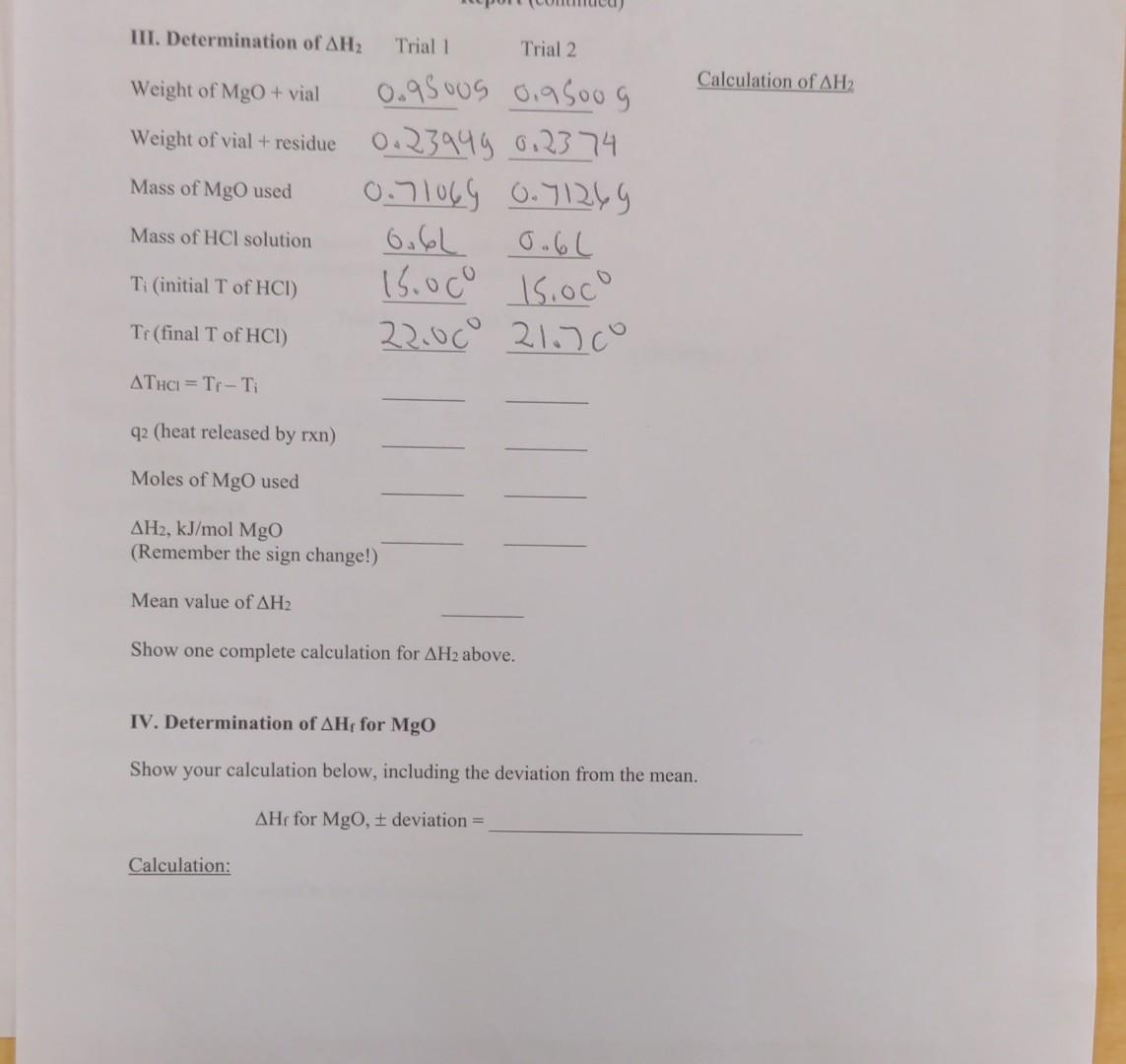 Solved IV. Determination of ΔHf for MgO Show your | Chegg.com