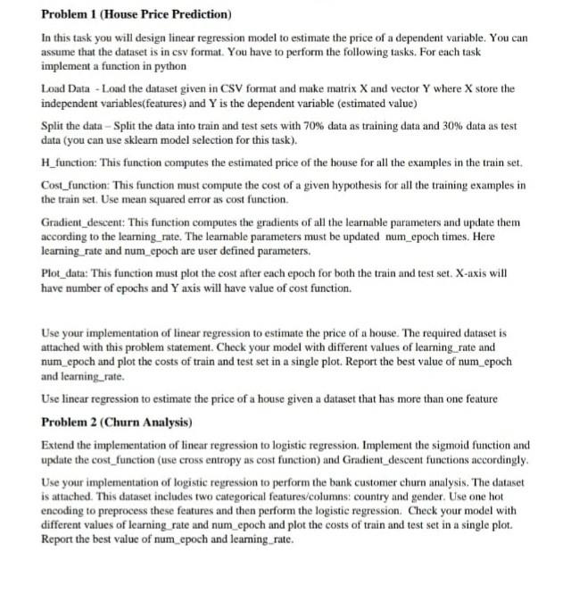 Solved Problem 1 (House Price Prediction) In this task you | Chegg.com