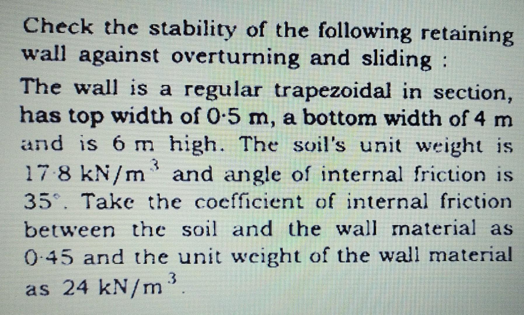 Solved Check the stability of the following retaining wall | Chegg.com