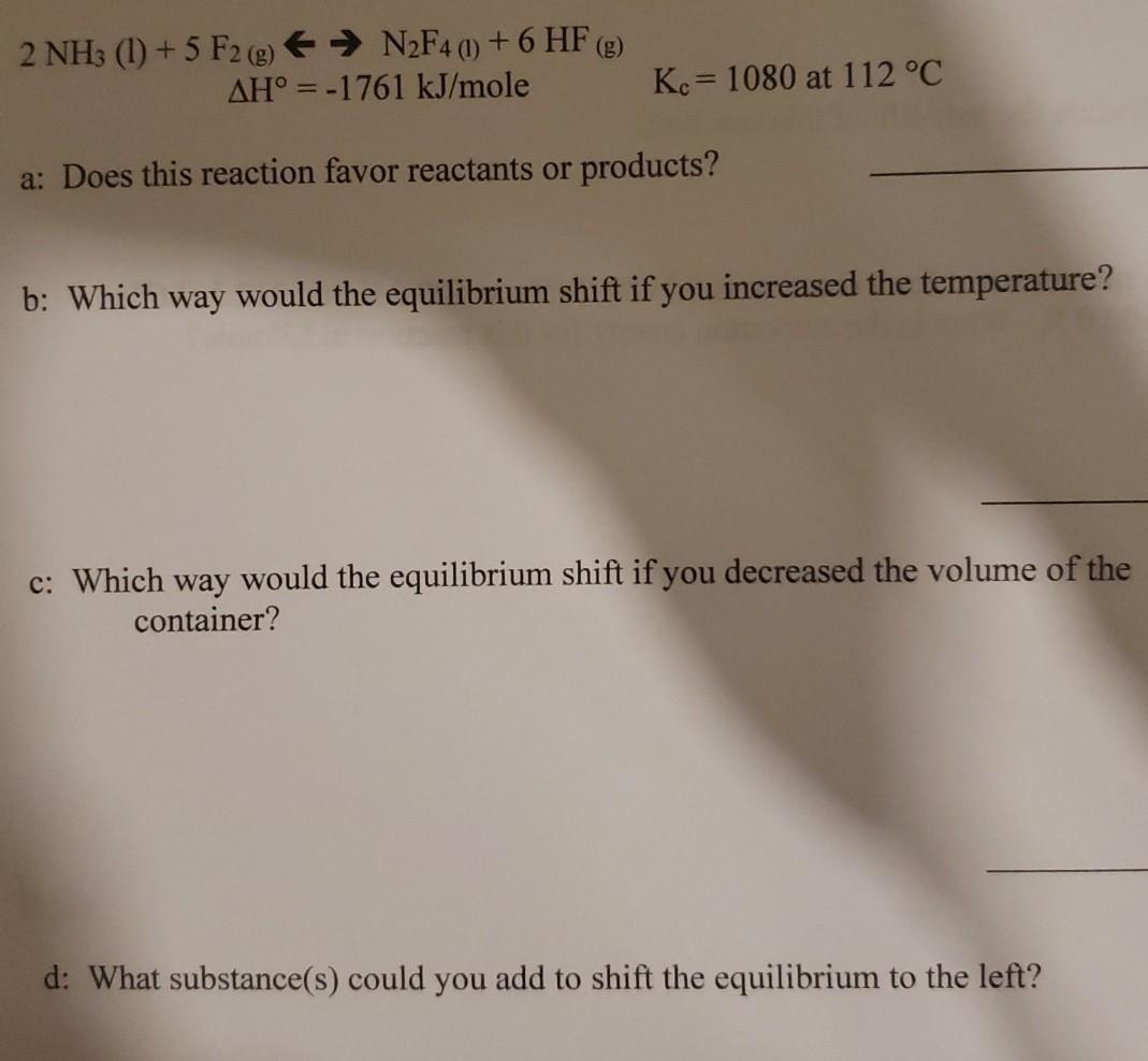 Solved 2 NH3 (1) + 5 F2 (g) → N2F4 (1) + 6 HF () AH° = -1761 | Chegg.com