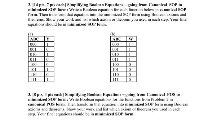 Solved 2. [14 pts, 7 pts each] Simplifying Boolean Equations | Chegg.com