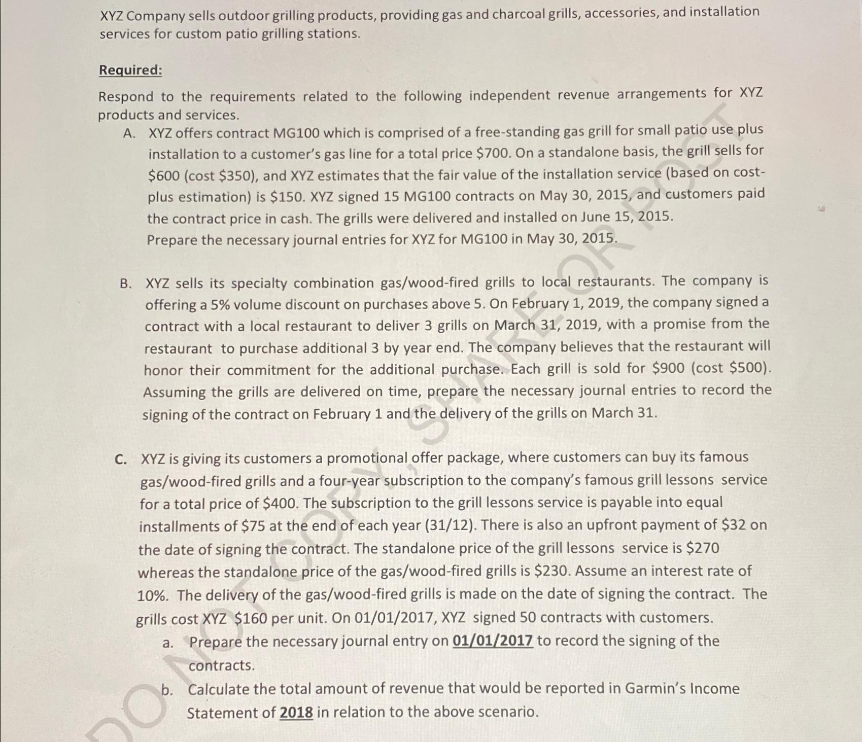 Solved XYZ Company sells outdoor grilling products, | Chegg.com