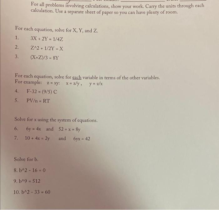 Solved For all problems involving calculations, show your | Chegg.com