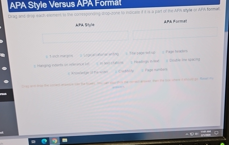 Solved APA Style Versus APA FormatDrag and drop each element | Chegg.com