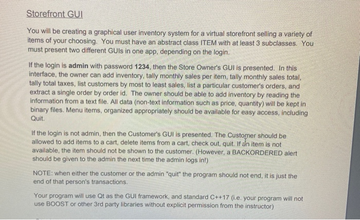 Storefront GUI You will be creating a graphical user | Chegg.com