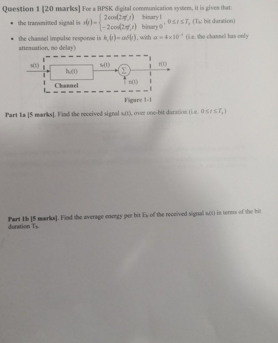 Solved Question 1 [20 marks] For a BPSK digital | Chegg.com