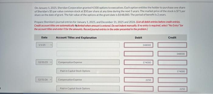 Solved On January 1, 2025, Sheridan Corporation granted | Chegg.com