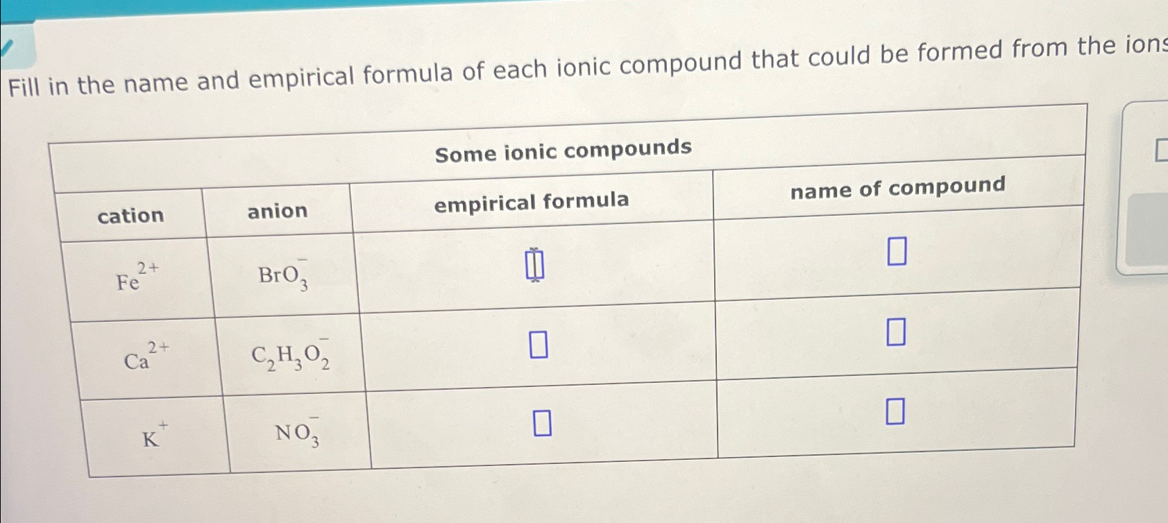 Solved Fill in the name and empirical formula of each ionic | Chegg.com