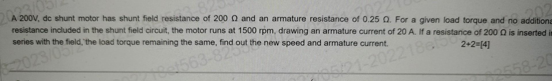 Solved A 200V, de shunt motor has shunt field resistance of | Chegg.com