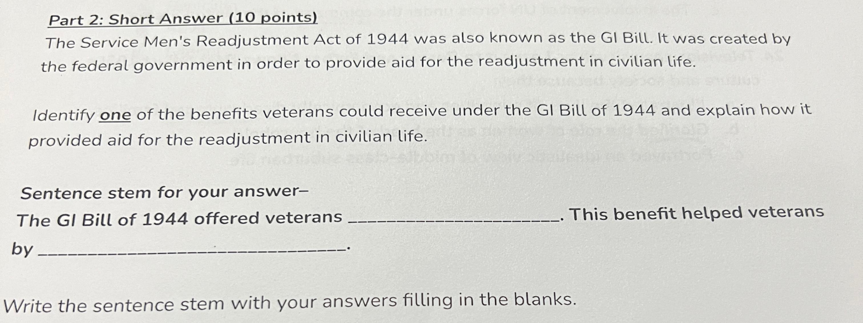 Solved Part 2: Short Answer (10 ﻿points)The Service Men's | Chegg.com