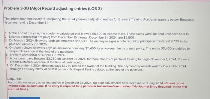 Solved Problem 3-3B (Algo) Record adjusting entries (LO3-3) | Chegg.com
