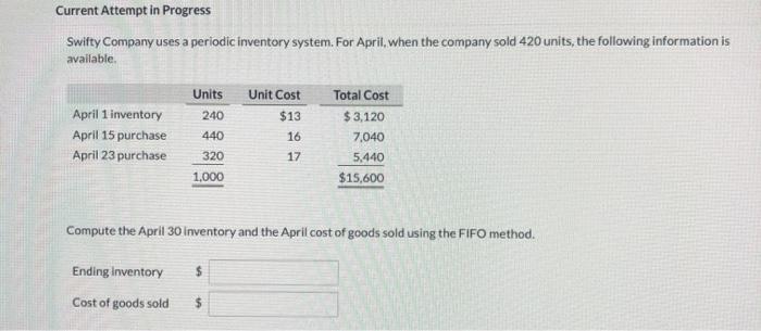Solved Current Attempt in Progress Swifty Company uses a | Chegg.com