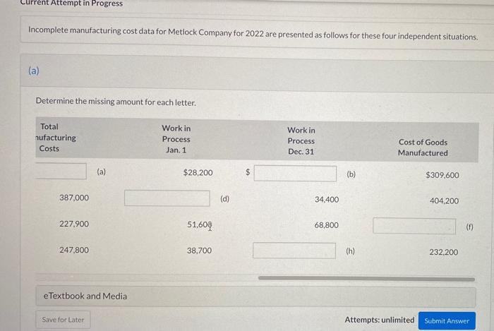 Solved Current Attempt in Progress Incomplete manufacturing | Chegg.com