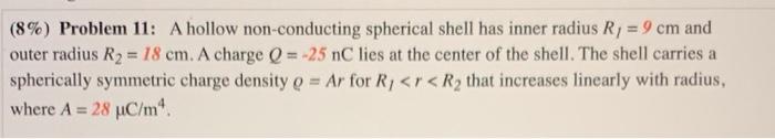 Solved (8%) Problem 11: A hollow non-conducting spherical | Chegg.com