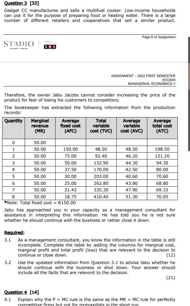 Solved Question 3 [33] Gadget CC manufactures and sells a | Chegg.com