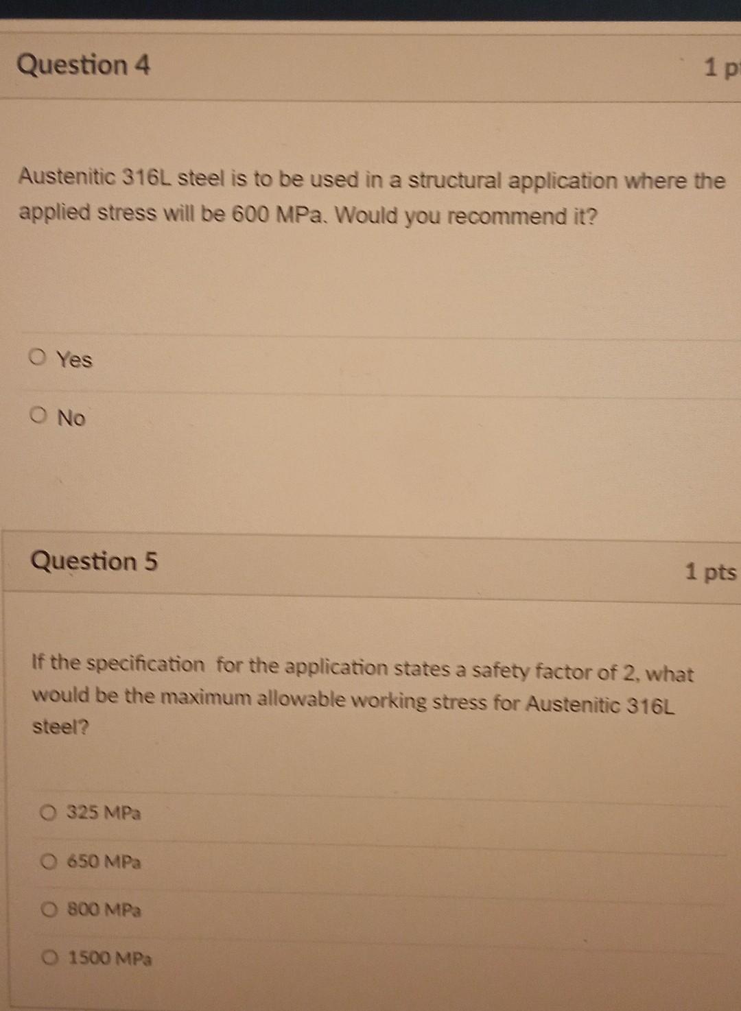 The yield stress of Austenitic 316 L is: 600MPa | Chegg.com