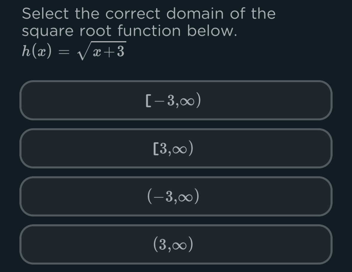 Solved Select the correct domain of the square root function | Chegg.com