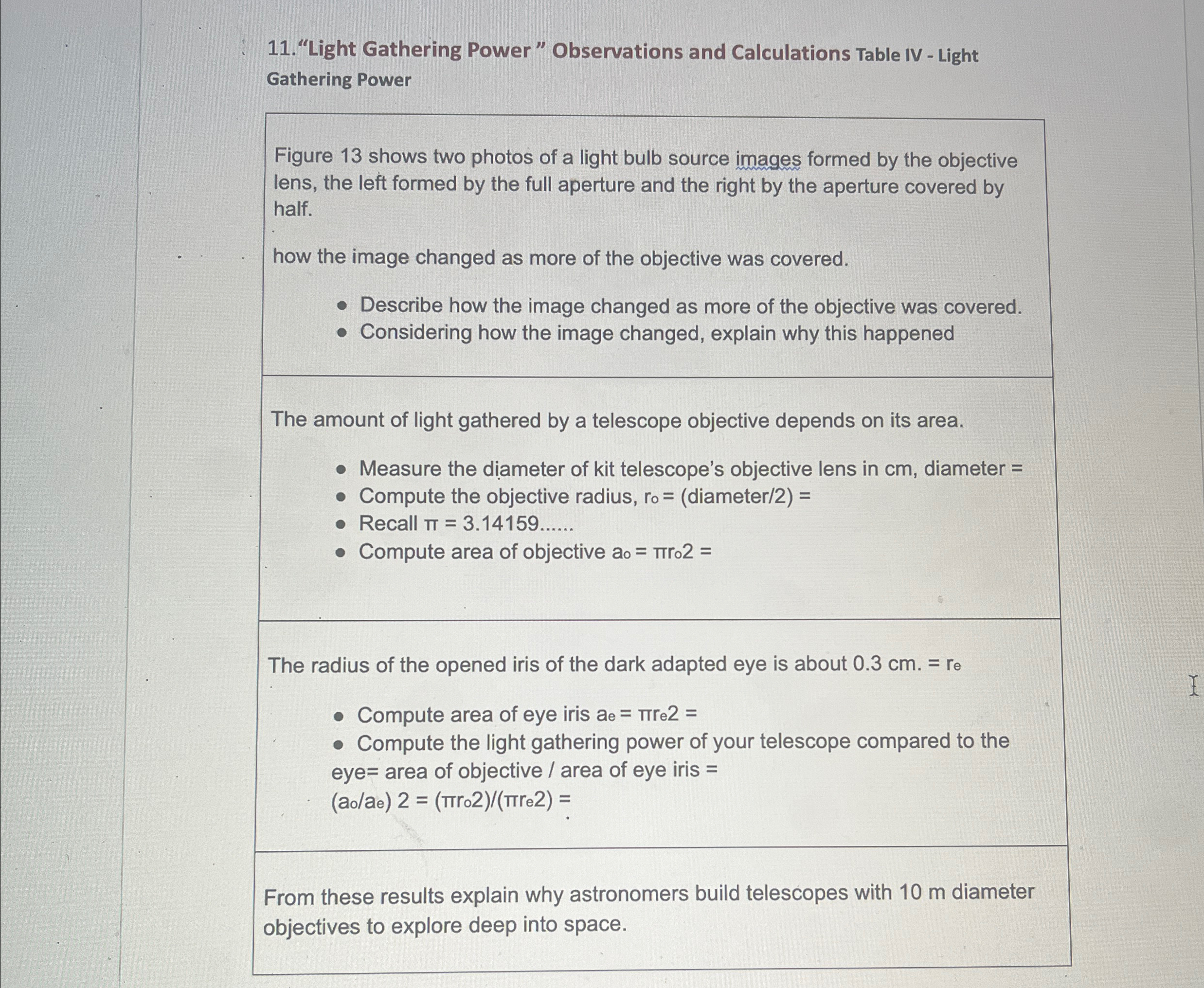 "Light Gathering Power" Observations and Calculations | Chegg.com