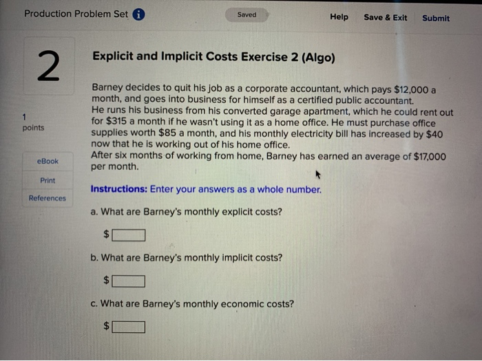 Solved Production Problem Set i Saved Help Save & Exit | Chegg.com