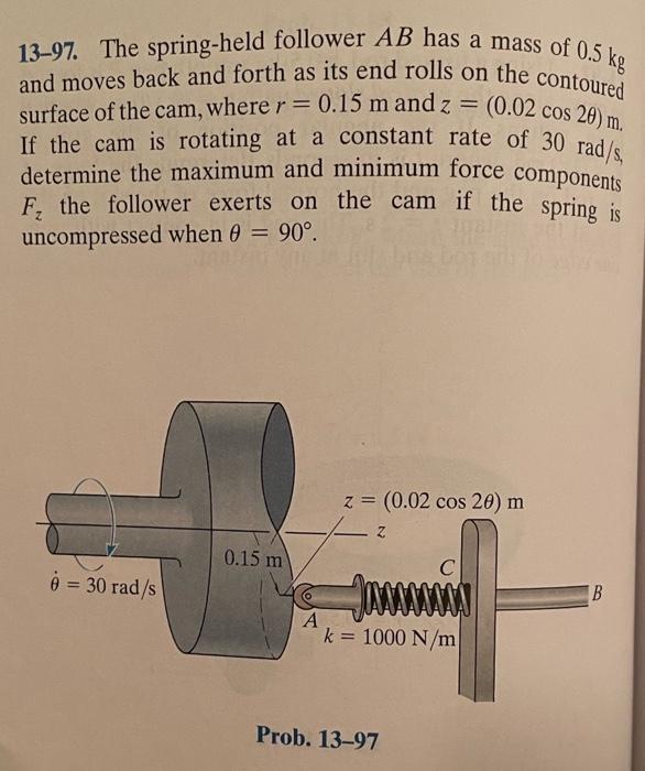 Solved 13-97. The spring-held follower AB has a mass of 0.5 | Chegg.com