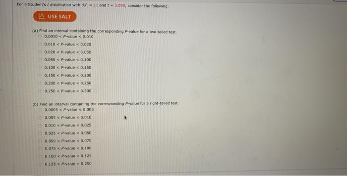 Solved For a Student's t distribution with dl. = 11 and t - | Chegg.com