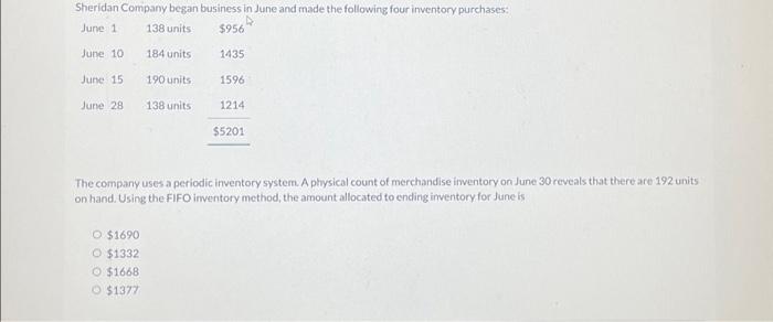 Solved Sheridan Company began business in June and made the | Chegg.com
