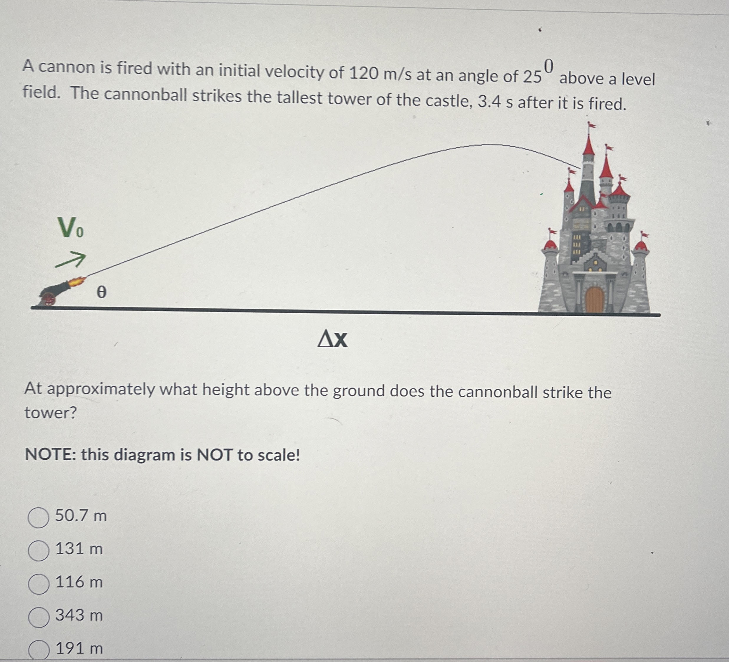 Solved A cannon is fired with an initial velocity of 120ms | Chegg.com