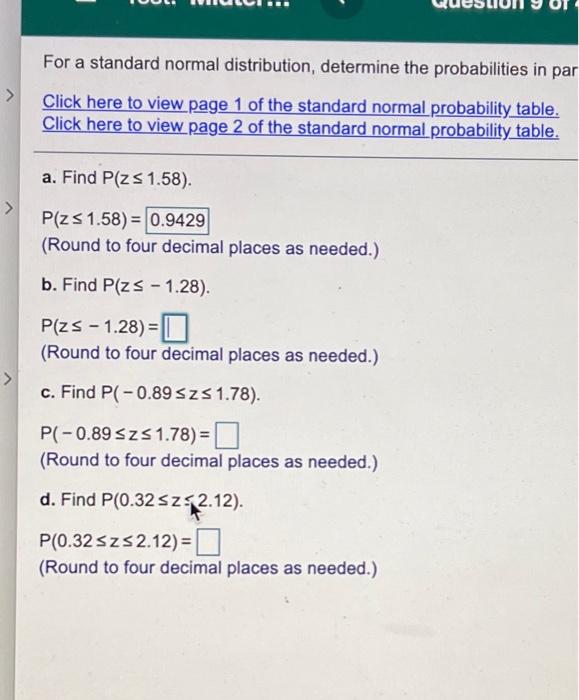 Solved For a standard normal distribution, determine the | Chegg.com