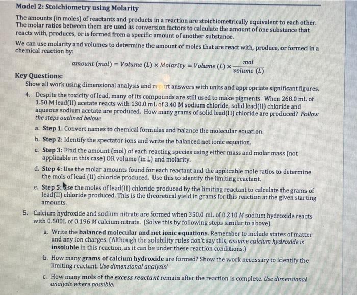 Solved Model 2: Stoichiometry using Molarity The amounts (in | Chegg.com
