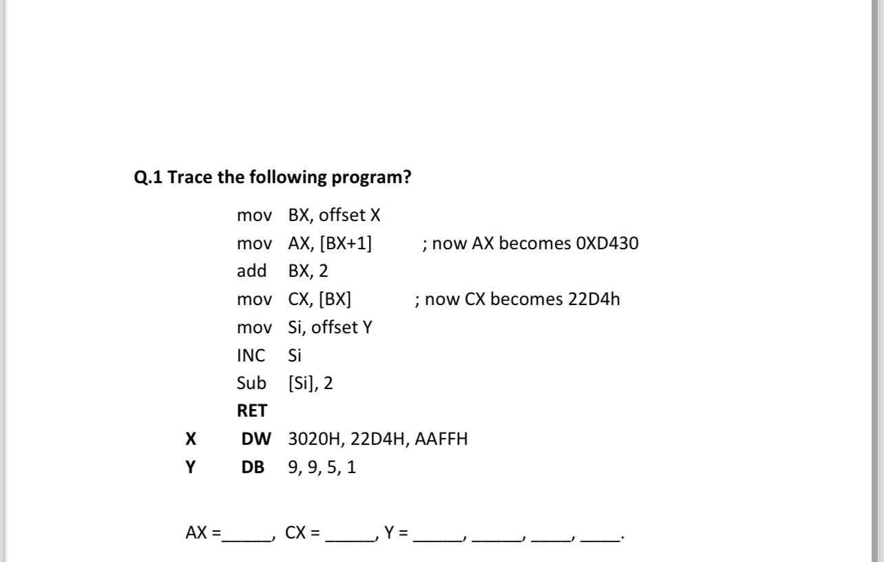 Solved Q. 1 ﻿Trace the following program?mov Bx, ﻿offset | Chegg.com