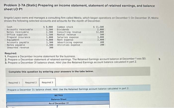 Solved Problem 2-7A (Static) Preparing an income statement, | Chegg.com