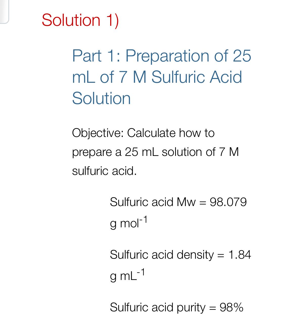 Solution 1)Part 1: Preparation of 25 mL ﻿of 7M | Chegg.com