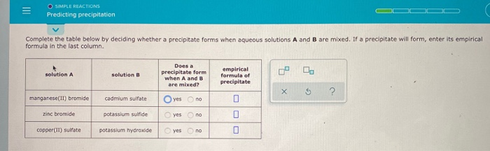 Solved III O SIMPLE REACTIONS Predicting precipitation | Chegg.com