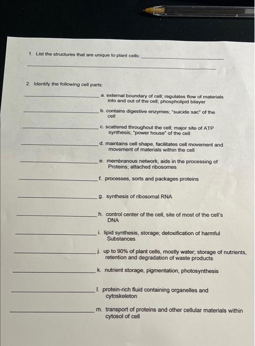Solved 1. List the structures that are unique to plant | Chegg.com