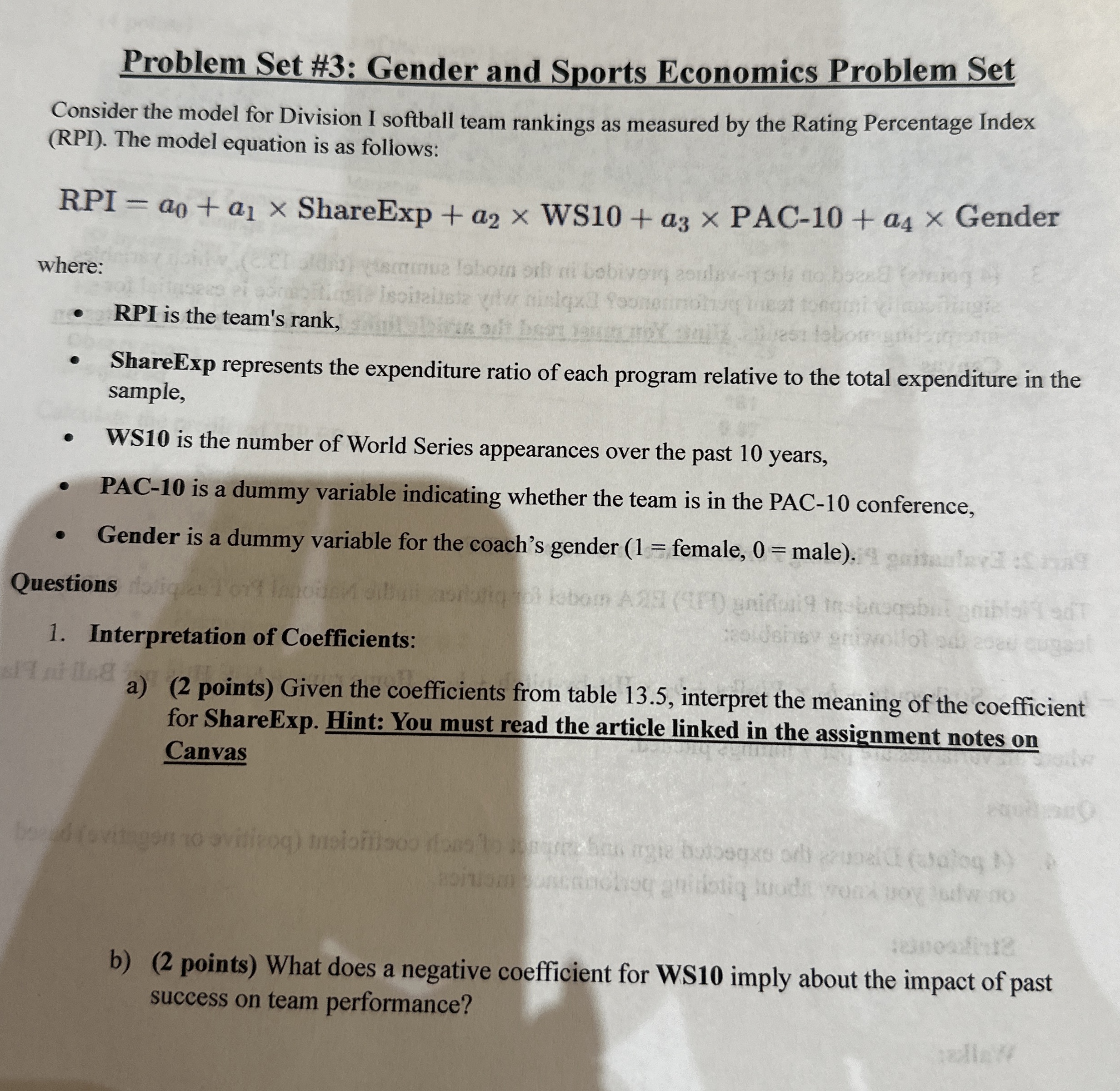 Solved Problem Set #3: Gender and Sports Economics Problem | Chegg.com