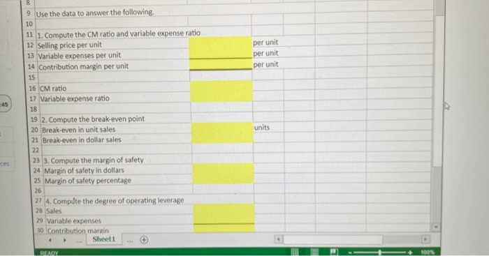 Solved CVP Analysis using Excel's Basic Math Functions JPL, | Chegg.com