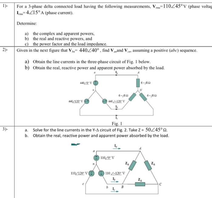 Solved For a 3-phase delta connected load having the | Chegg.com
