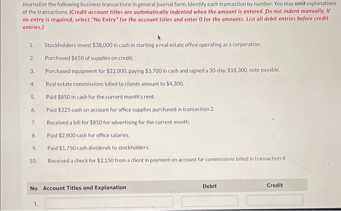 Solved Journalize the following business transactions in | Chegg.com